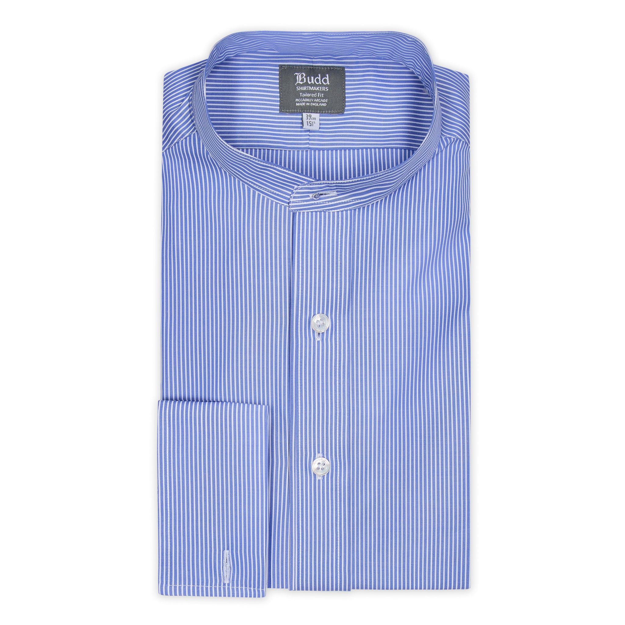 Tailored Fit Stripe Poplin Formal Neckband Shirt in Blue – Budd ...