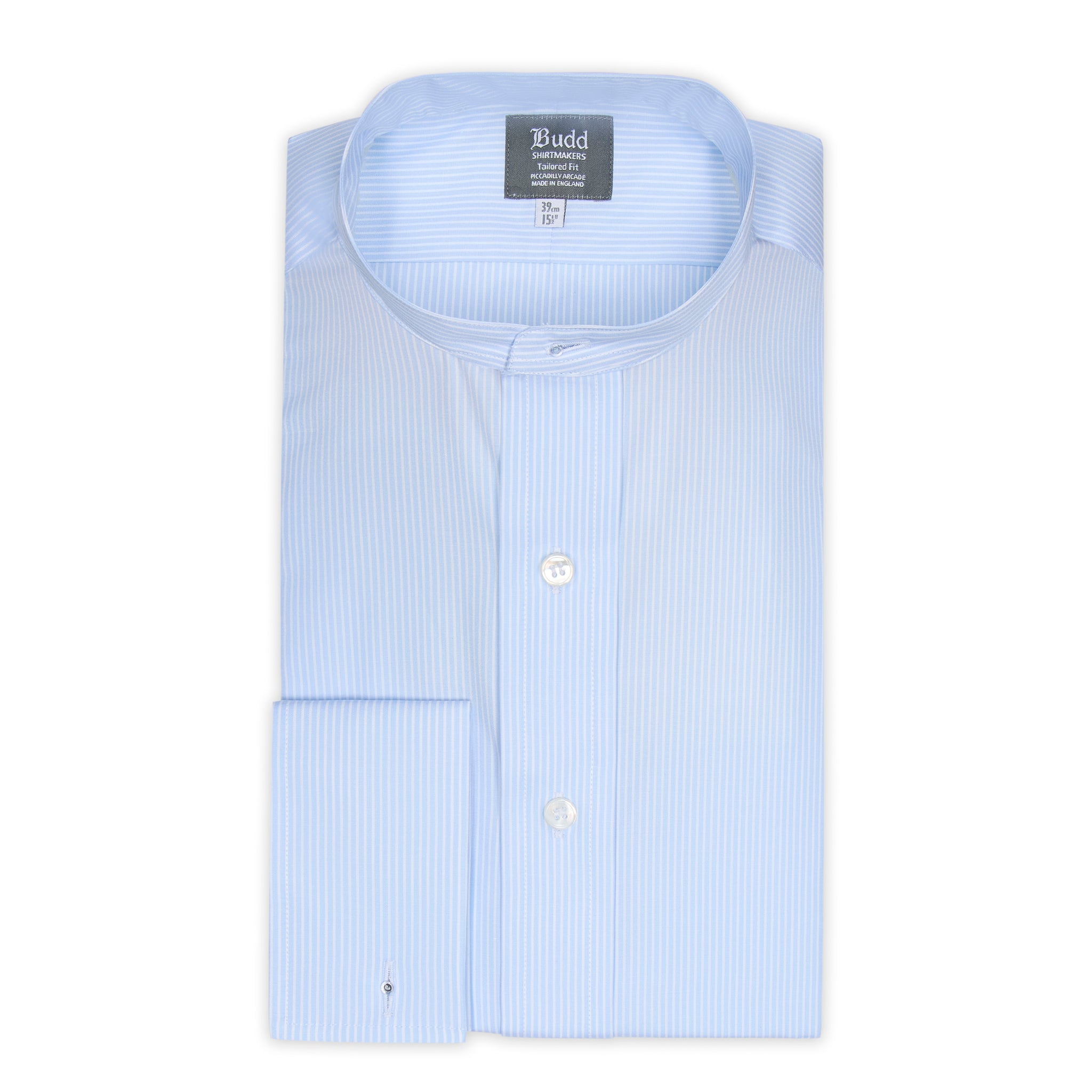 Tailored Fit Stripe Poplin Formal Neckband Shirt in Sky Blue – Budd ...