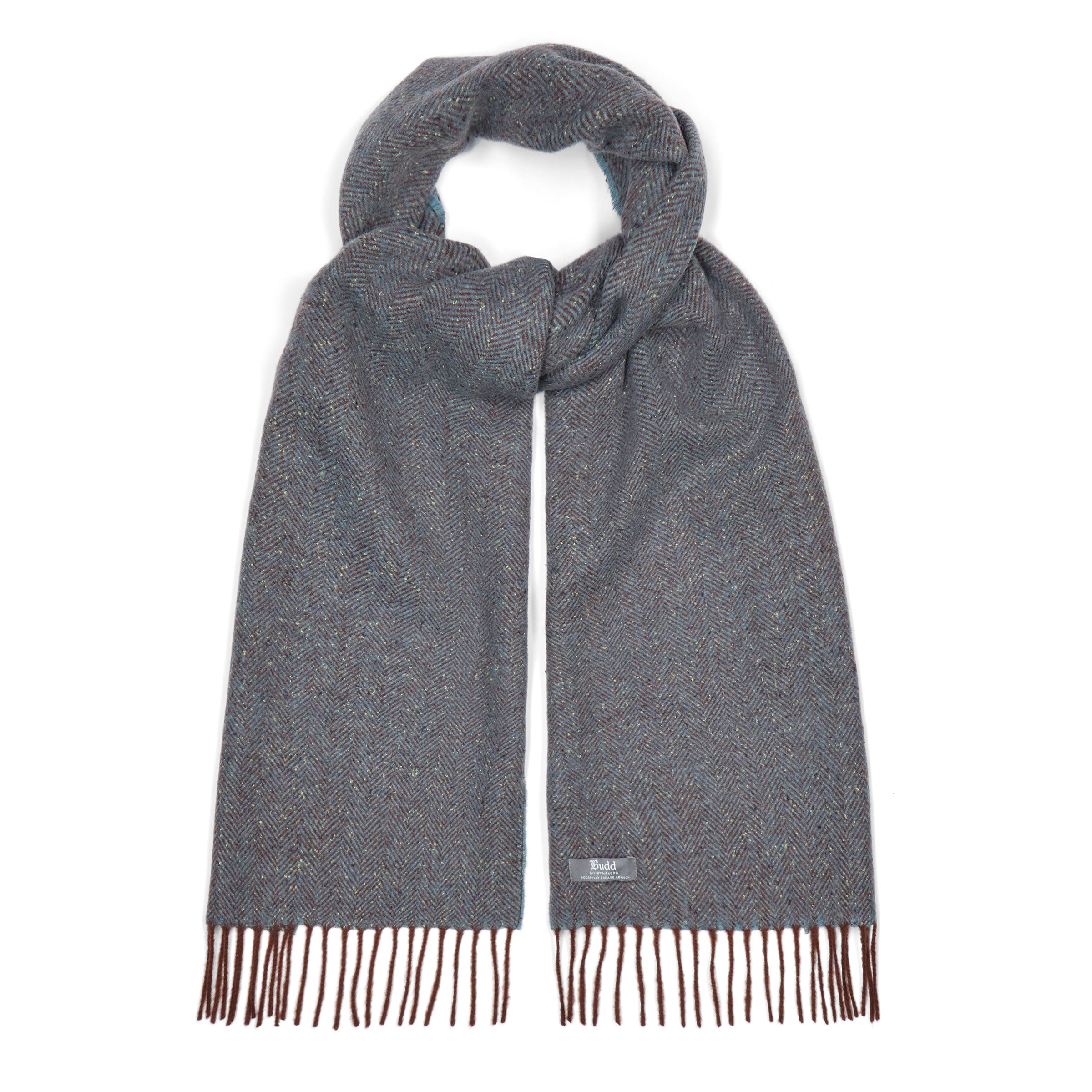 Donegal Herringbone Wool and Silk Scarf in Bramble Blue – Budd London