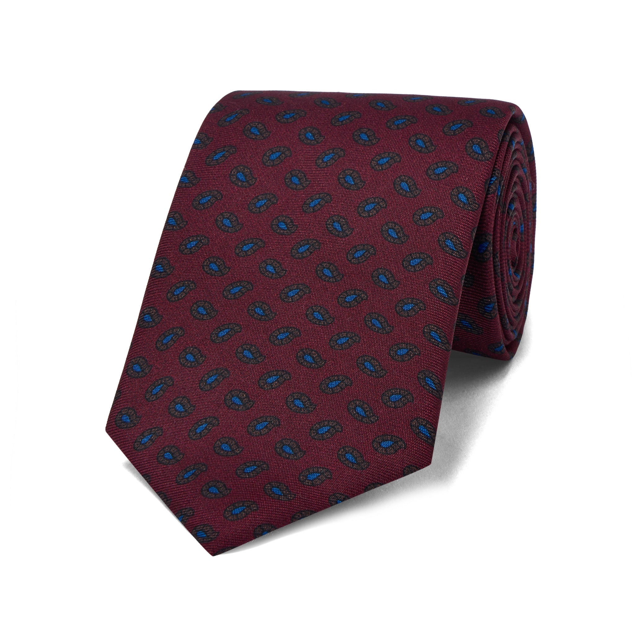 Miniature Teardrop Motif Ancient Madder Silk Tie in Burgundy – Budd London