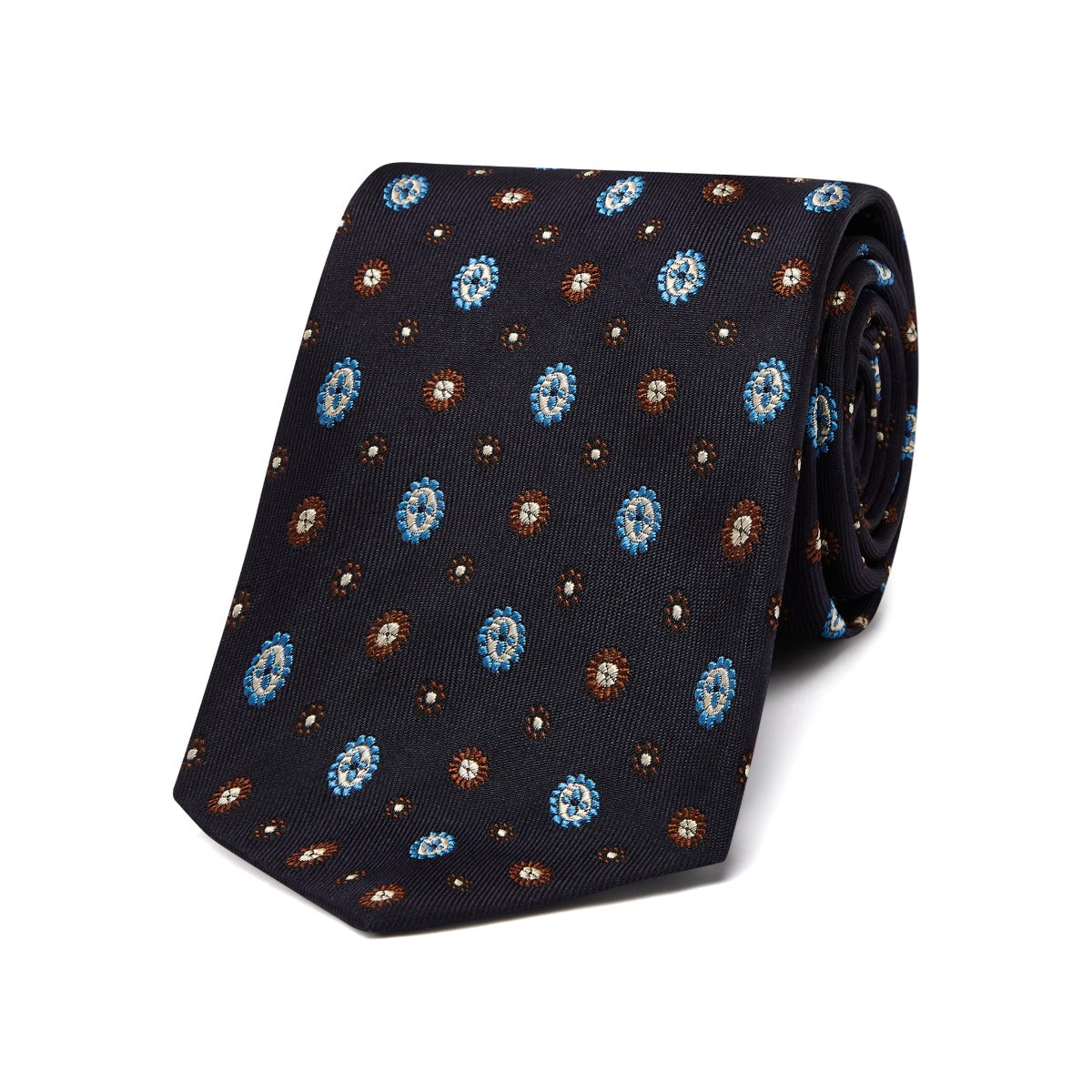 Shield Motif Woven Silk Tie in Navy – Budd London